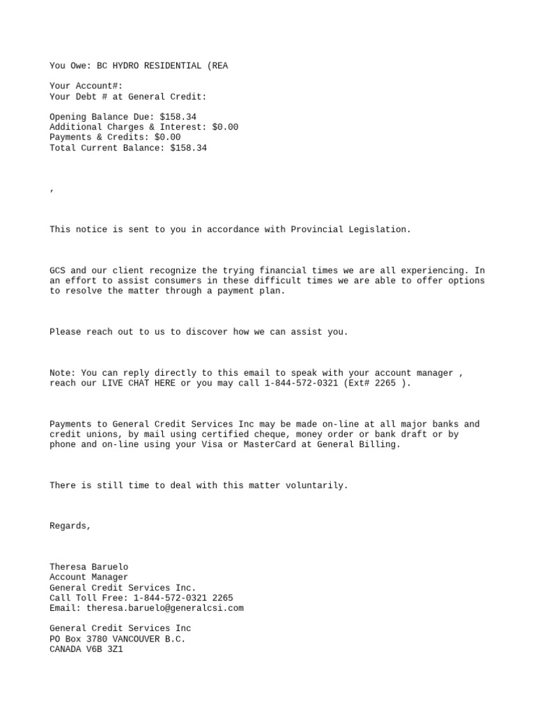 BC Hydro Debt Notice from General Credit | PDF | Payments