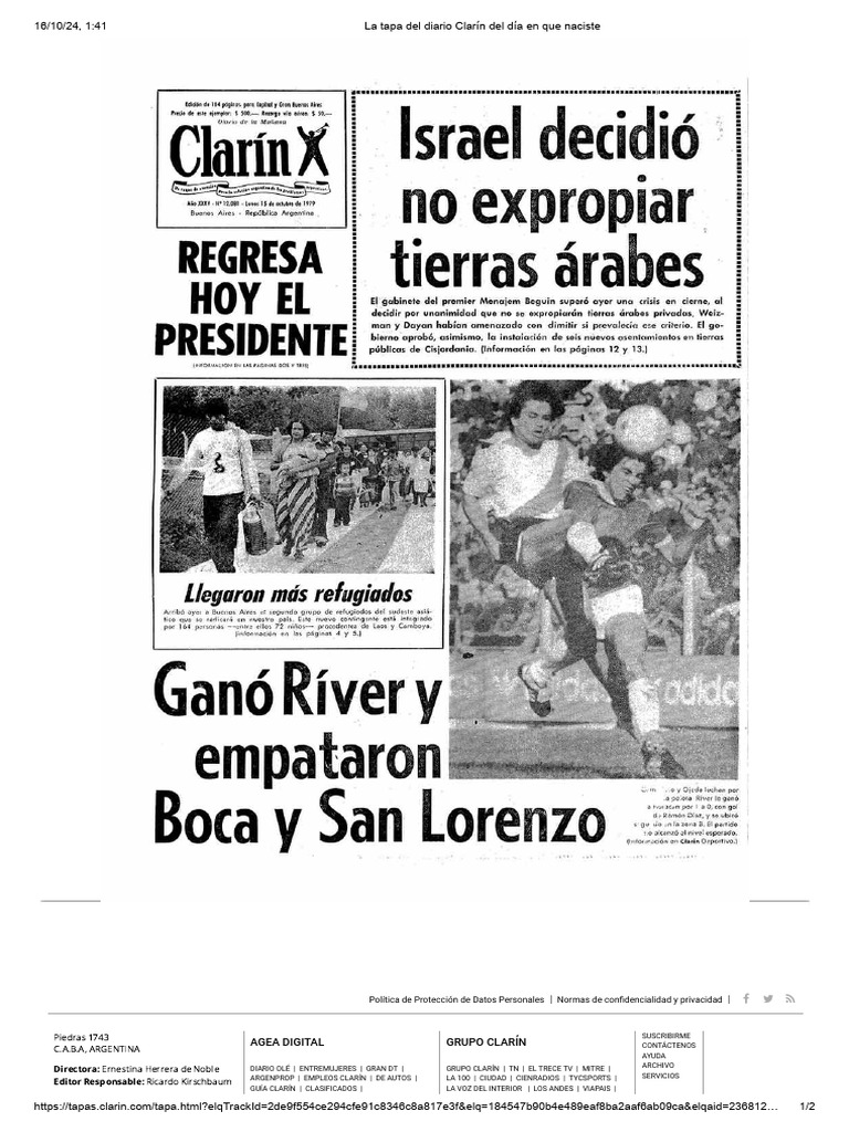 La Tapa Del Diario Clarín Del Día en Que Naciste | PDF