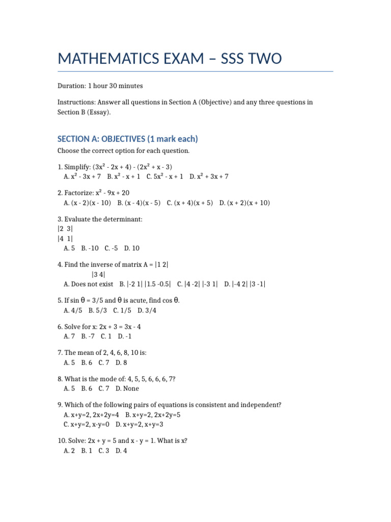 SSS Two Maths Exam Updated | PDF | Trigonometry | Matrix (Mathematics)