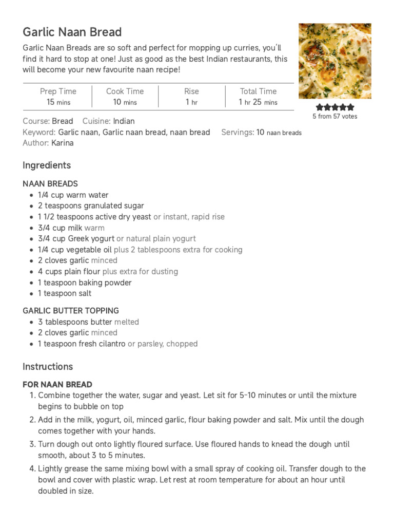 Garlic Naan Bread Recipe | PDF | Fat | Breads