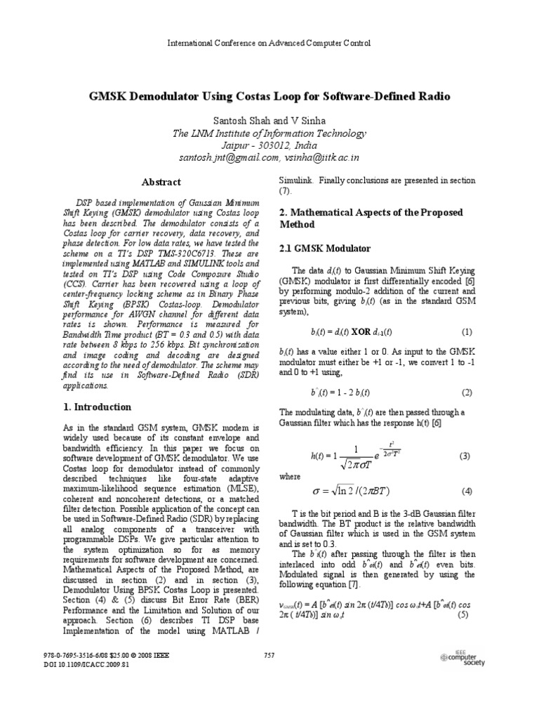 GMSK Demodulator Using Costas Loop For Software-Defined Radio | PDF