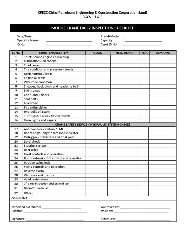 Mobile Crane Inspection Checklist | PDF