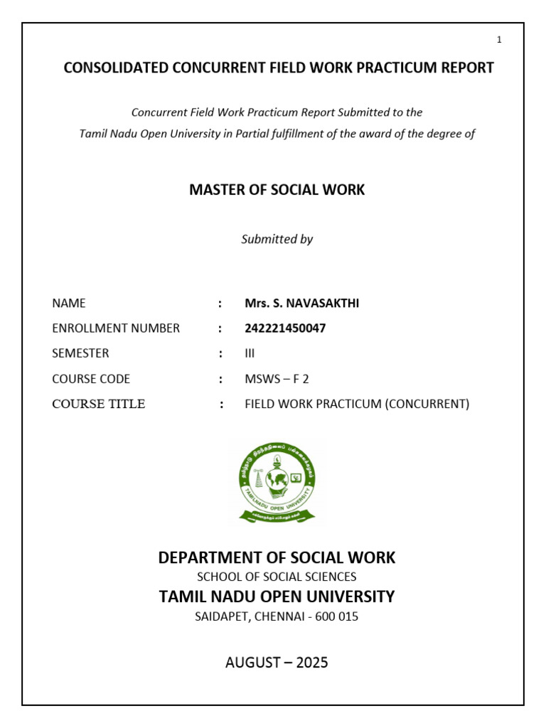 Mrs. S. NAVASAKTHI - MSW - FIELD WORK PRACTICUM (CONCURRENT) REPORT | PDF