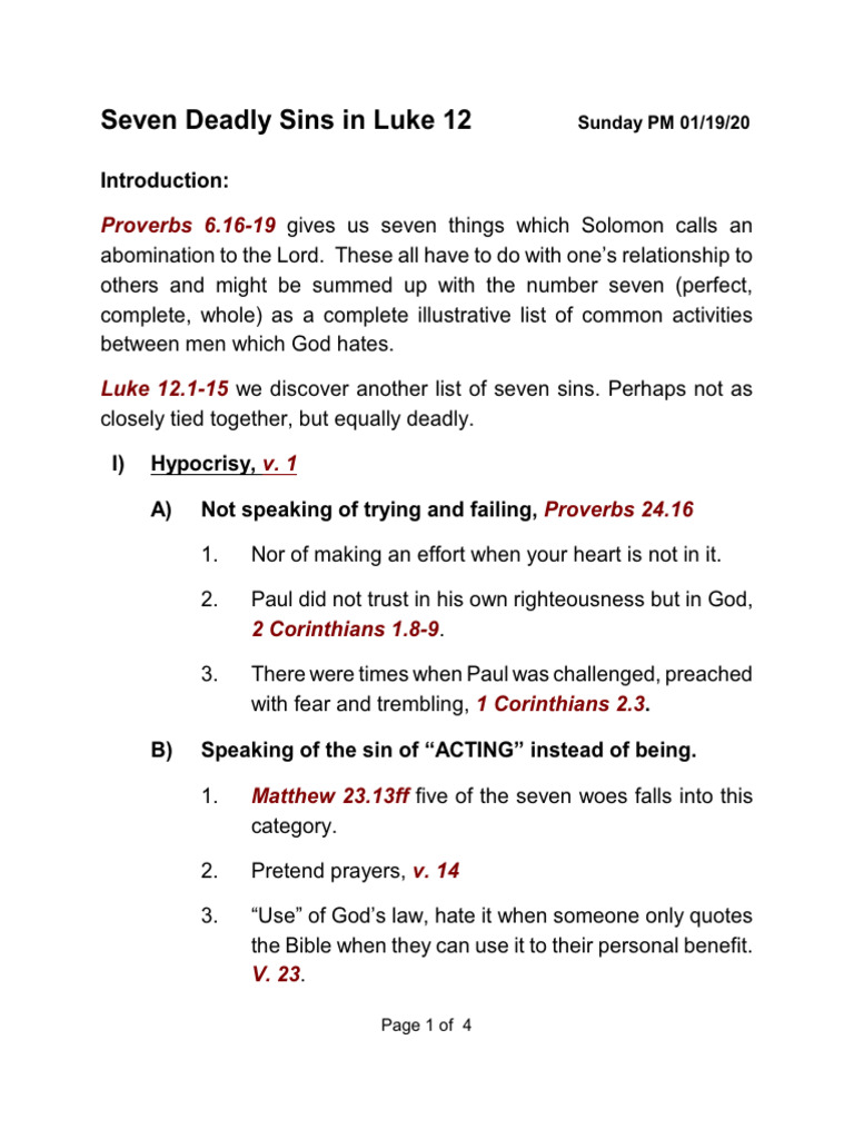 Seven Deadly Sins in Luke 12 - 011920pm | PDF | God | Sin
