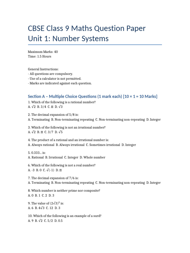 Class9 Maths Unit1 QuestionPaper New | PDF | Rational Number | Numbers