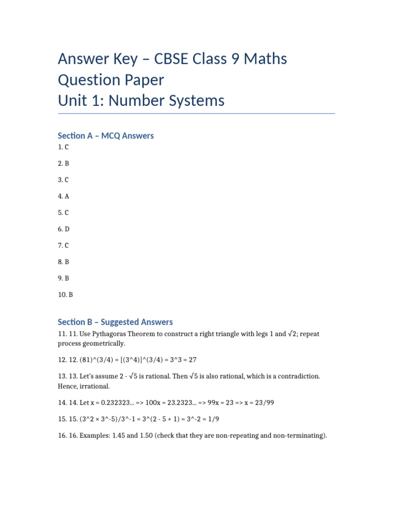 Class 9 Maths Answer Key: Unit 1 | PDF
