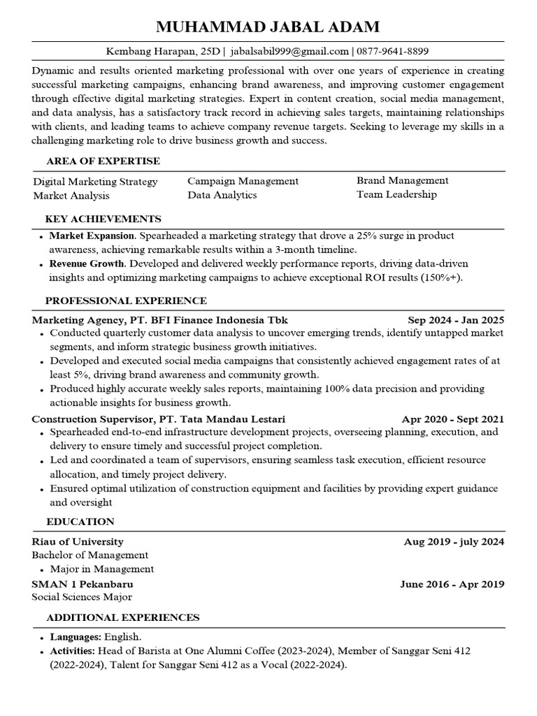 CV Muhammad Jabal Adam - New | PDF | Marketing | Marketing Strategy