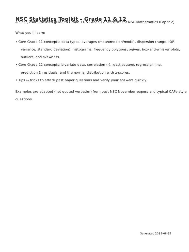 NSC Statistics Guide for Grades 11-12 | PDF | Median | Skewness