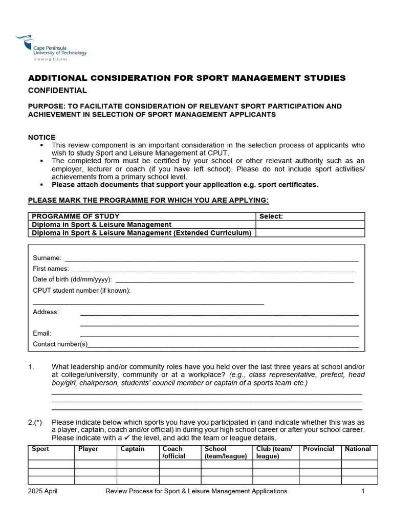 CPUT Sport Management Application Review | PDF