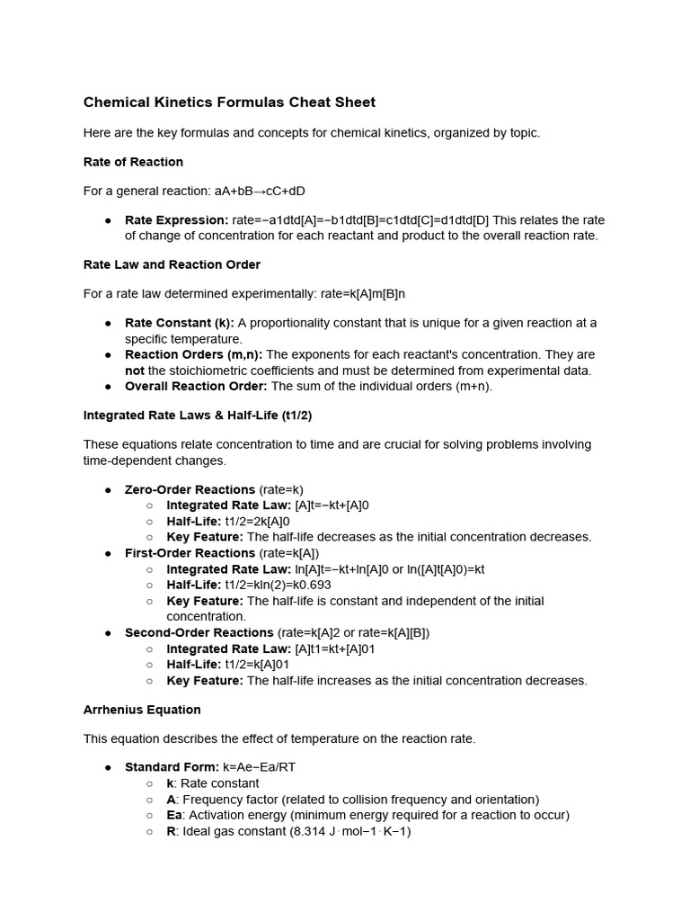 Chemical Kinetics Cheat Sheet | PDF