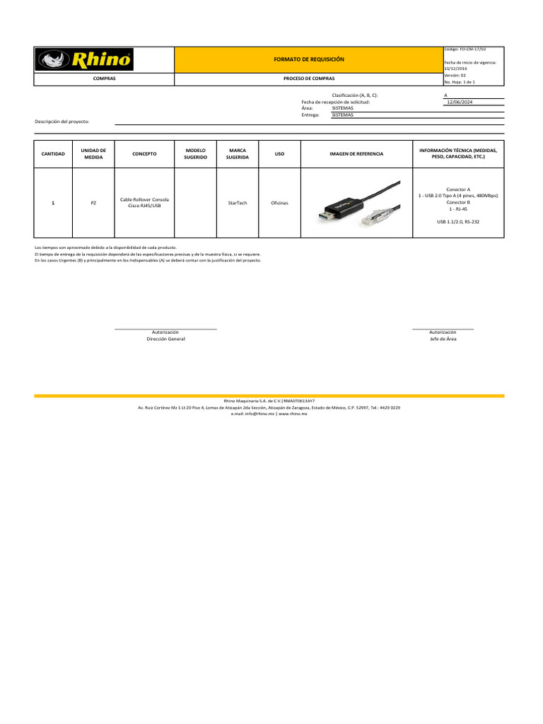 Formato de Requisición Cable Rollover Consola Cisco | PDF | USB ...