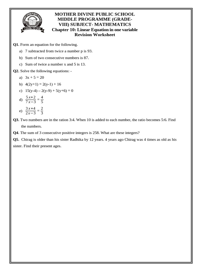 Ch - 10 Linear Equation in One Variable | PDF