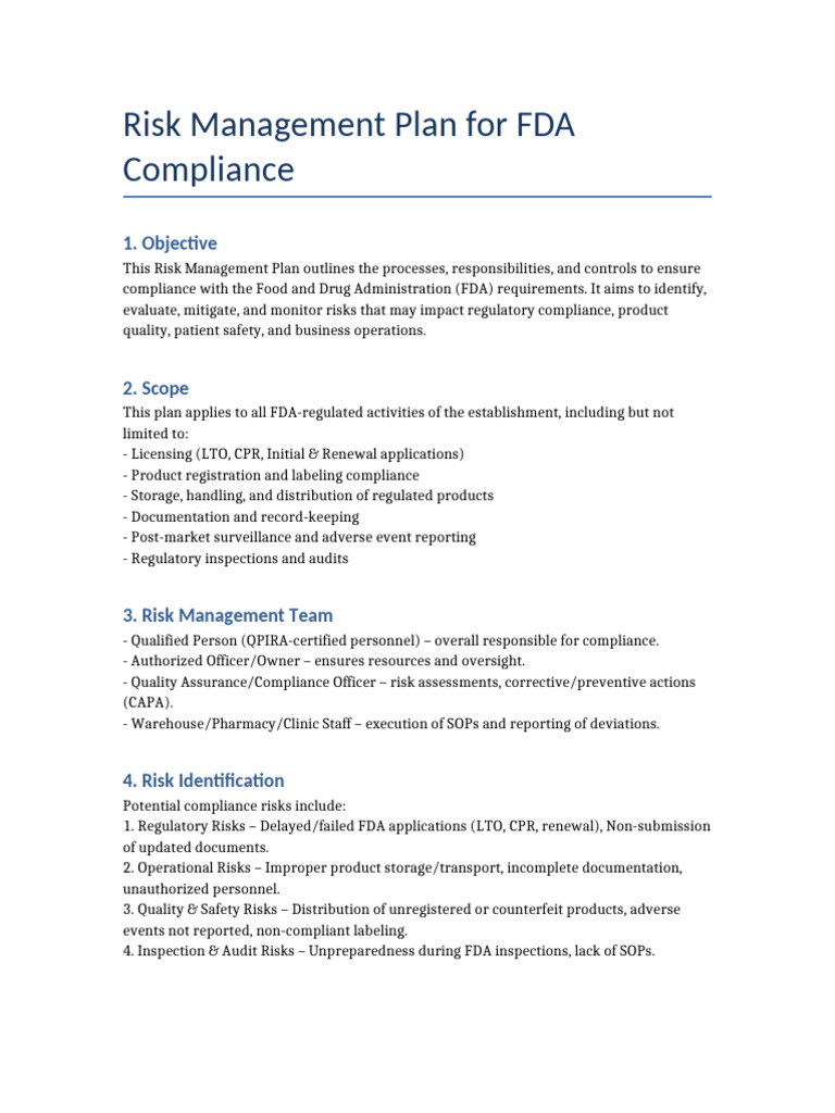 FDA Risk Management Plan Overview | PDF | Regulatory Compliance | Risk ...