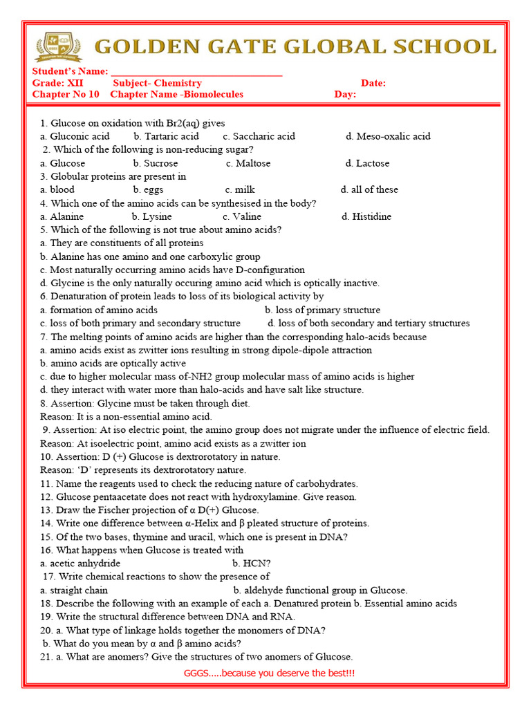 G-12 Chemistry Compiled Worksheet | PDF | Glucose | Amine