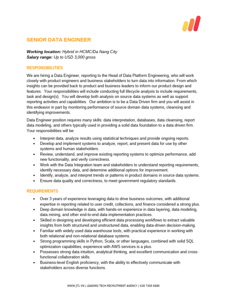 JT1 - JD - Senior Data Engineer | PDF | Data | Databases