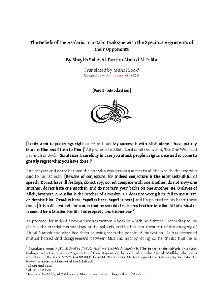 The Beliefs of The Ash Arīs: in A Calm Dialogue With The Specious ...