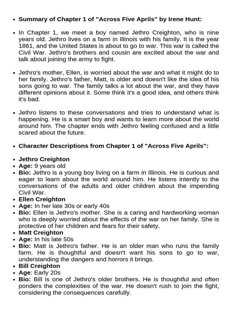 Summary of Chapter 1 of "Across Five Aprils" by Irene Hunt | PDF