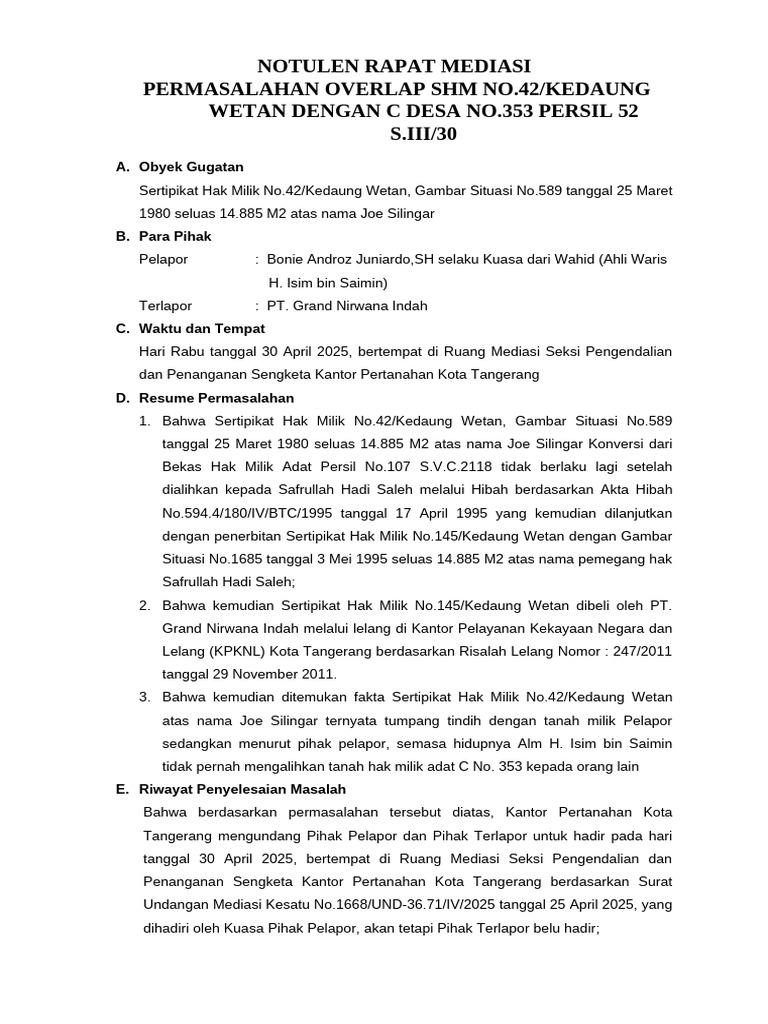 Mediasi Sengketa SHM Kedaung Wetan | PDF