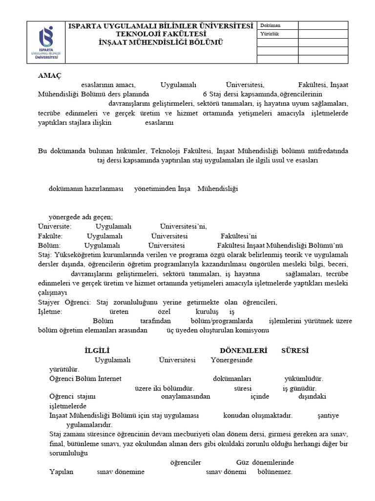 Insaat Muhendisligi Staj Uygulama Esaslari 16082023 | PDF