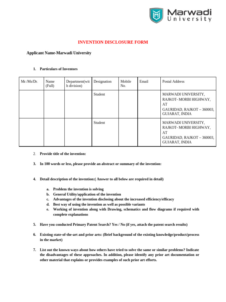 Invention Disclosure Form Template | PDF | Prior Art | Invention
