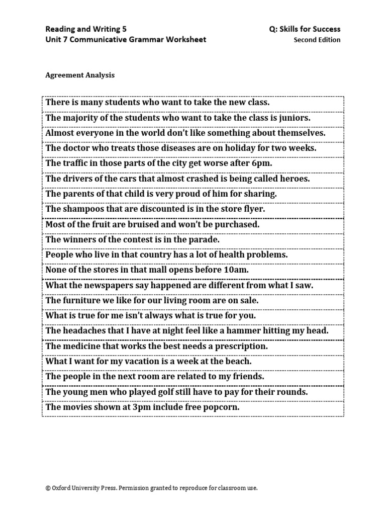 Unit 7 Grammar - Subject Verb Agreement (Communicative Practice) | PDF