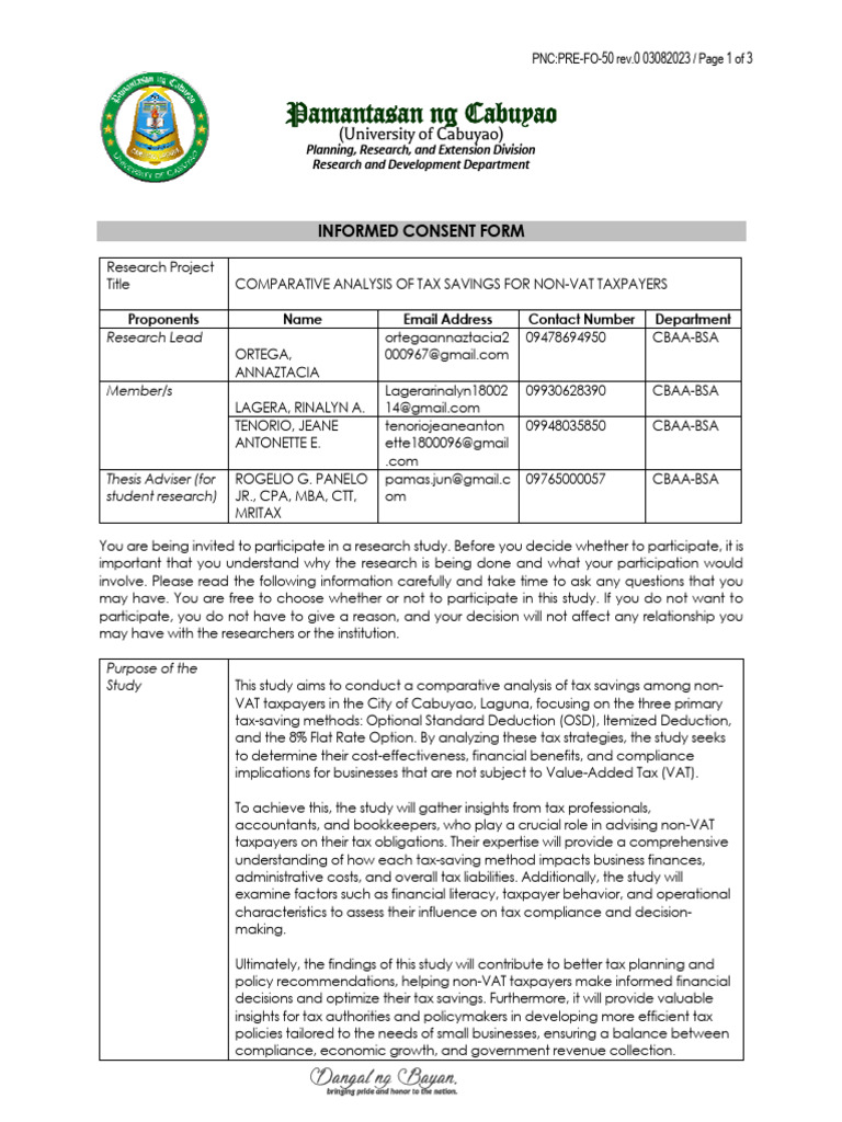 G17 PNC PRE FO 50 Informed Consent Form | PDF | Taxes | Risk