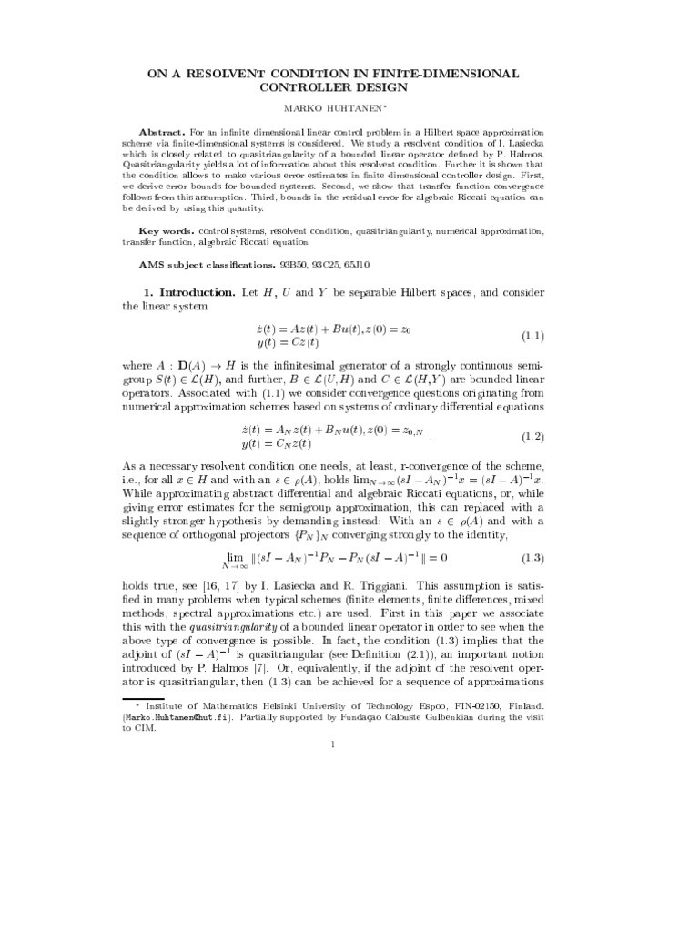 On A Resolvent Condition in Finite-Dimensional Controller Design | PDF | Sequence | Compact Space