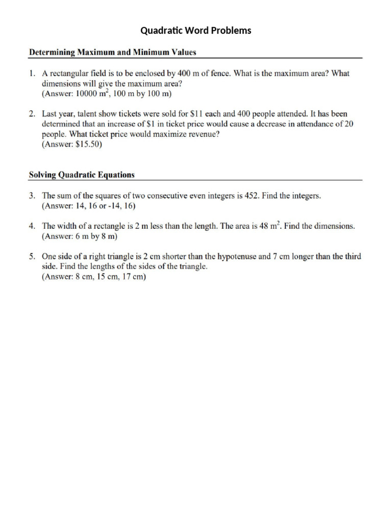 Quadratic Word Problems Worksheet 2 | PDF