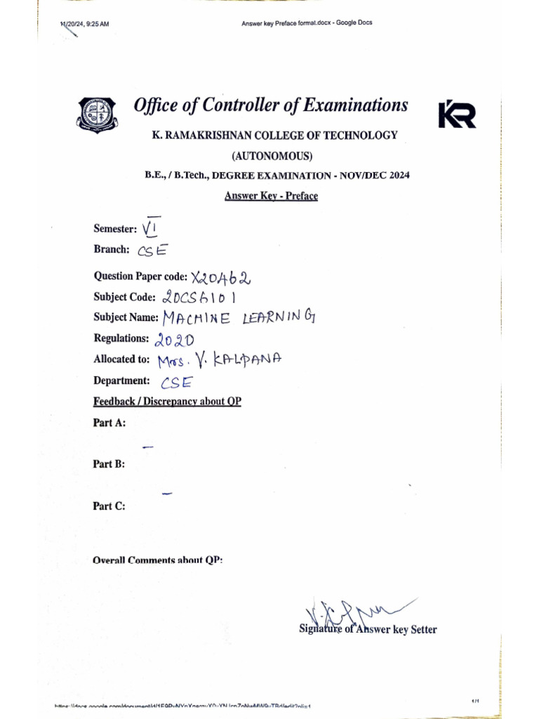 20cs6101 - Ese Machine Learning Answer Key | PDF | Support Vector Machine | Bayesian Inference