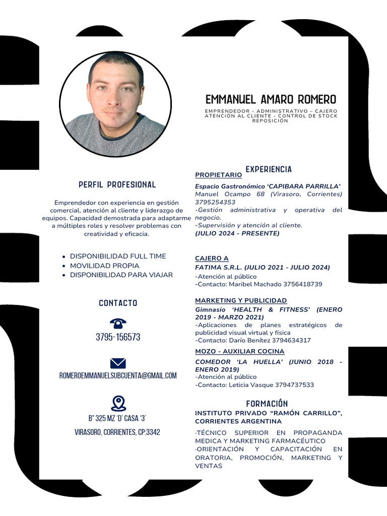 Emmanuel Romero CV Ventas Atencion Encargado Blanco y Negro | PDF | Medios de comunicación en ...