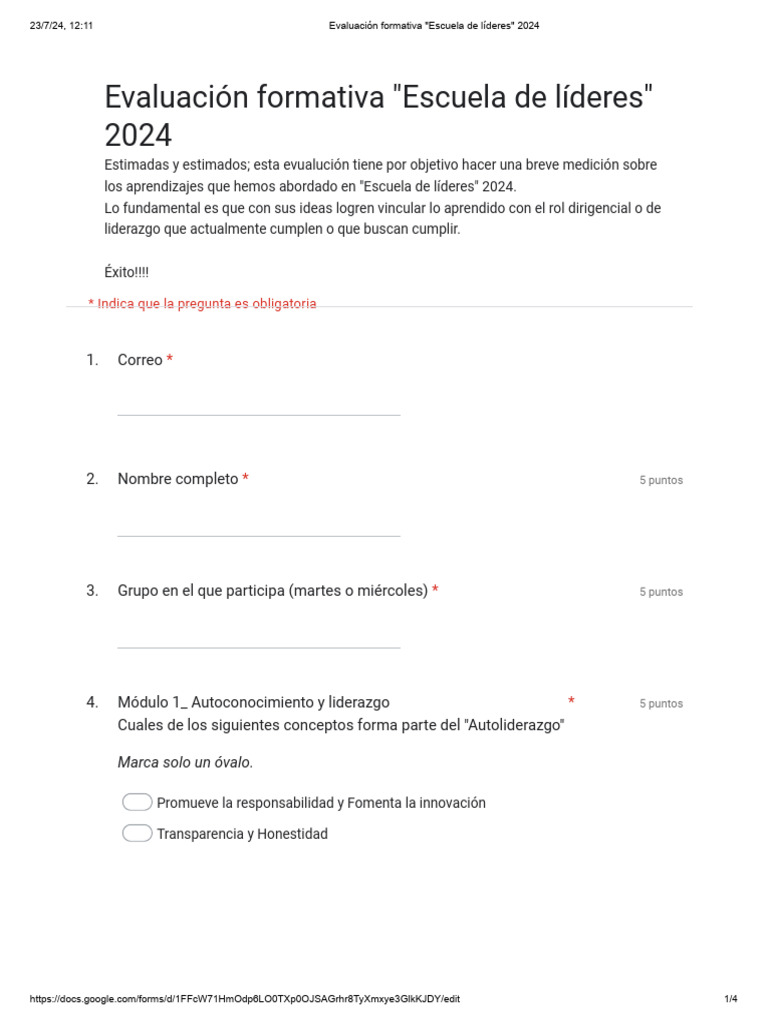 Evaluación Formativa - Escuela de Líderes - 2024 - Formularios de Google | PDF | Liderazgo ...