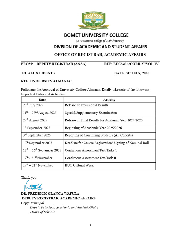 Bomet University Academic Calendar 2025 | PDF