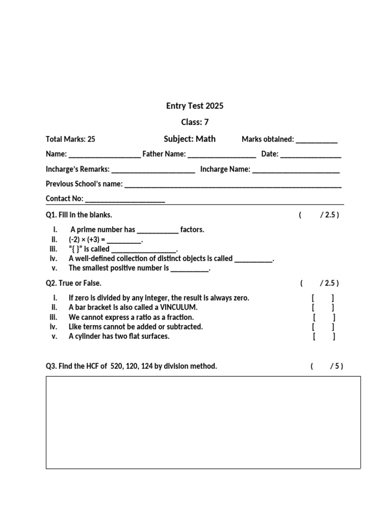 Math Entry Test 2025 for Class 7 | PDF