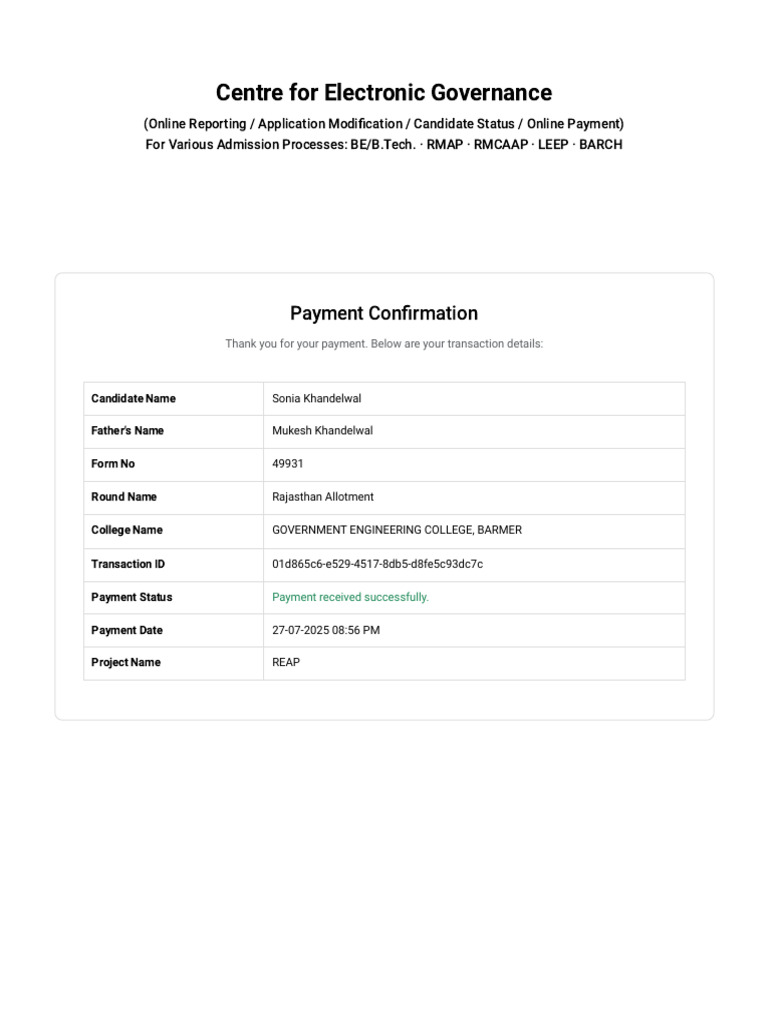 Payment Confirmation - Centre For Electronic Governance | PDF