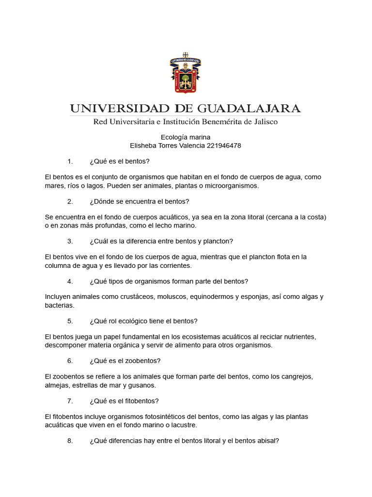 Definición y rol del bentos en ecosistemas | PDF | Ecología de sistemas ...