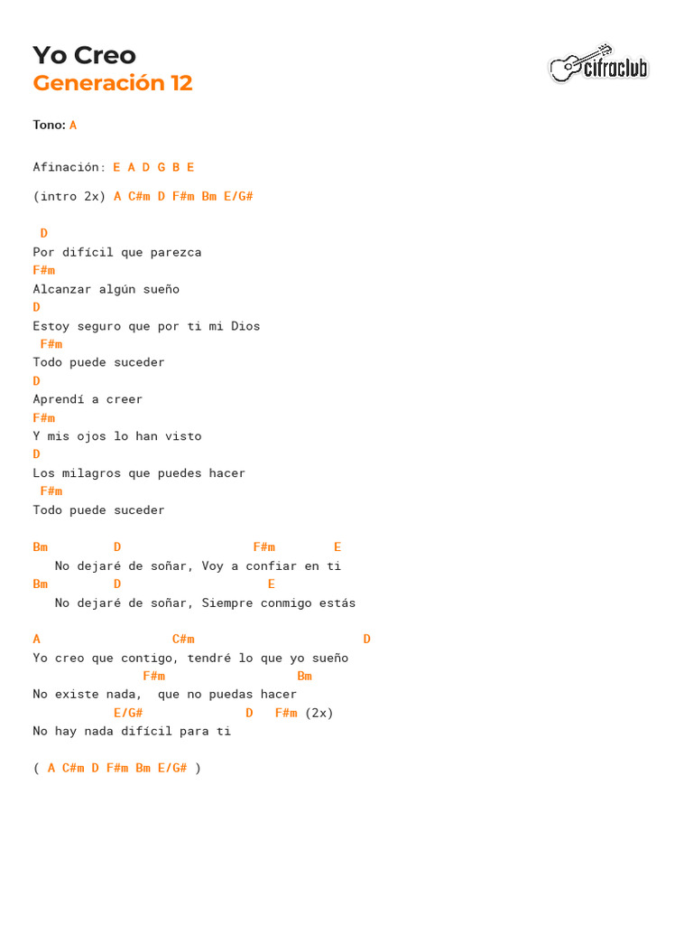 Acordes de "Yo Creo" - Generación 12 | PDF