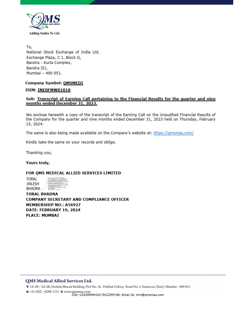 QMS Medical Q3 FY24 Earnings Call Transcript | PDF | Physician ...