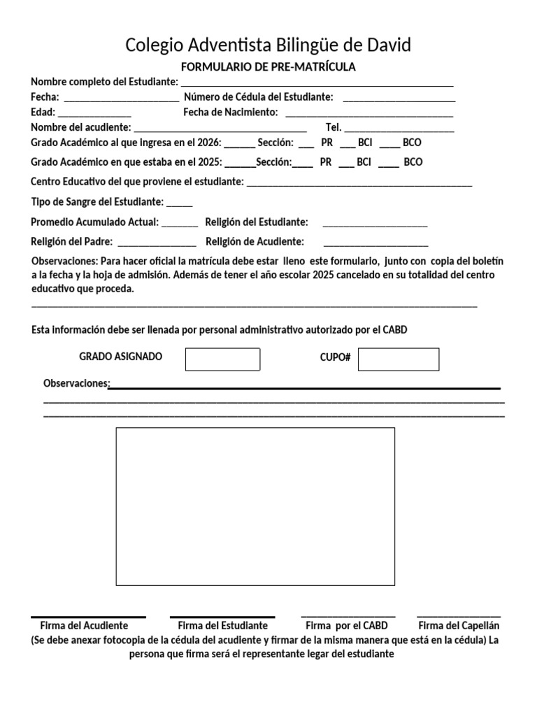 Modelo Formulario de Matricula 2026 | PDF