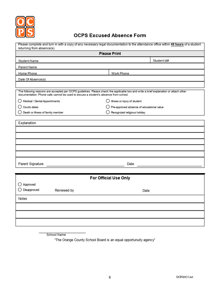 Excused Absence Form OCPS Fillable-4 | PDF