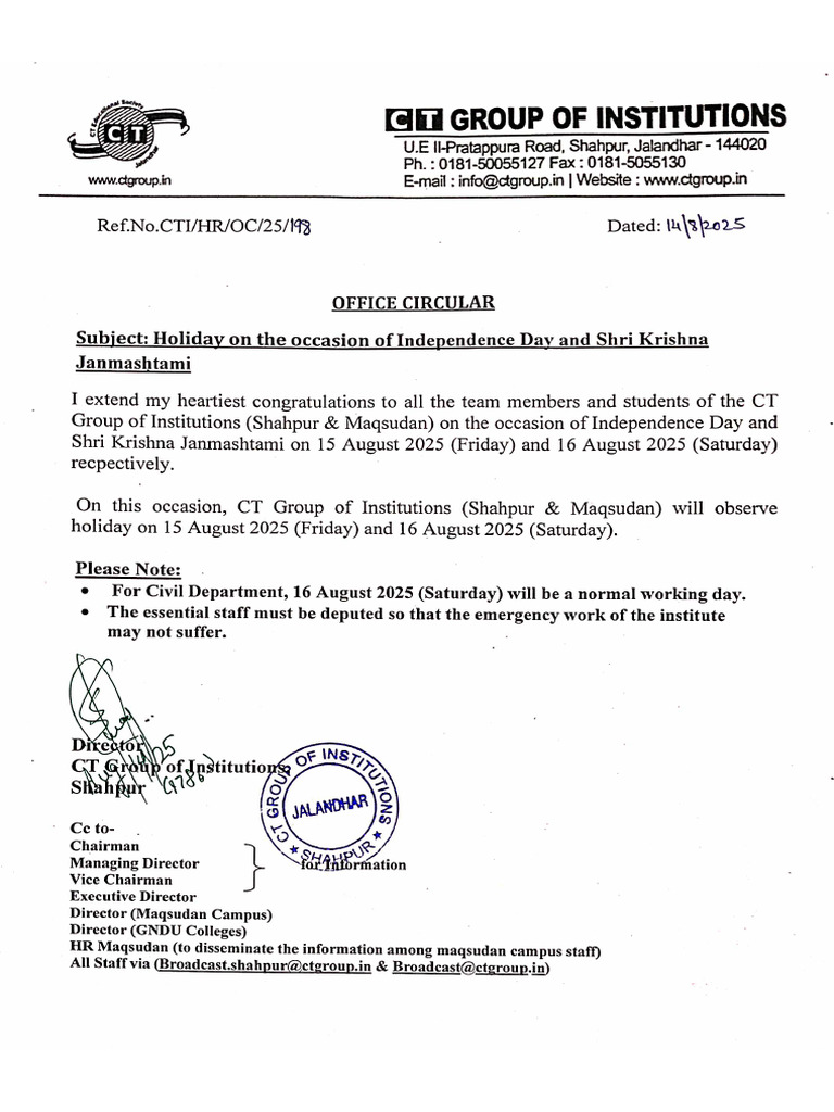 Office Circular - 14.08.2025 | PDF