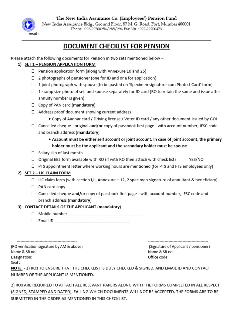 Pension Document Submission Checklist | PDF | Identity Document ...