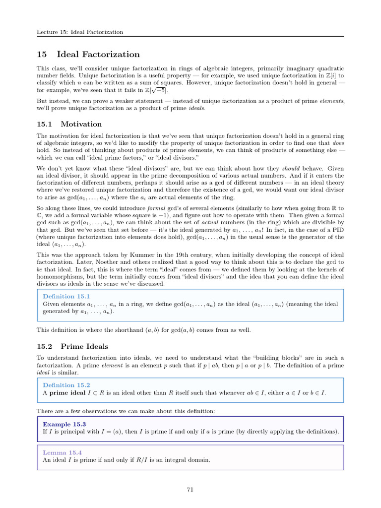 Lec15 - Ideal Factorization | PDF | Factorization | Ring (Mathematics)