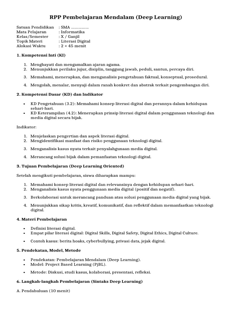 RPP Pembelajaran Mendalam - Literasi Digital | PDF