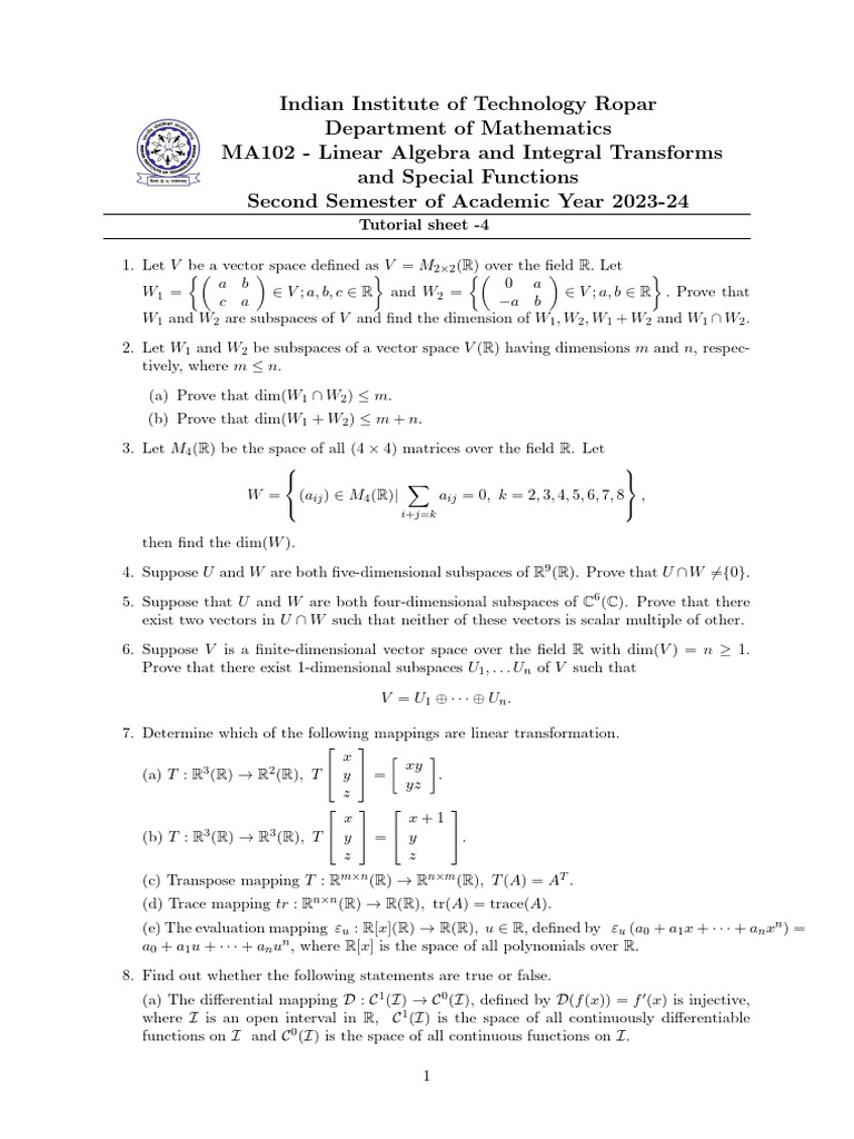 Tutorial_Sheet_4 | PDF | Linear Subspace | Vector Space