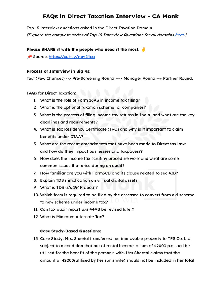 Top 15 Interview Questions -Direct Taxation FAQs - CA Monk | PDF ...
