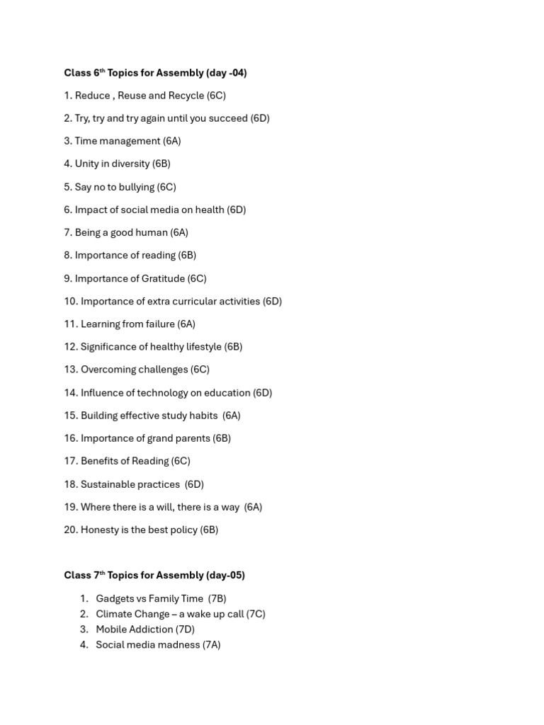Assembly Topics For Classes 6-9 | PDF | Behavioural Sciences ...