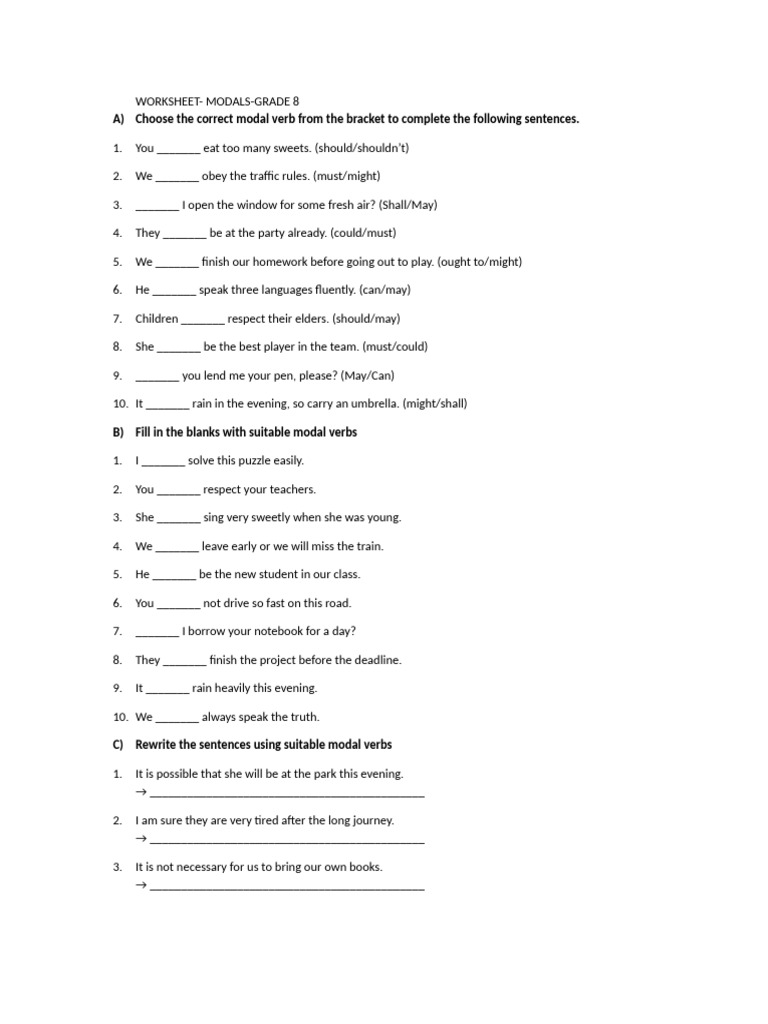 Grade 8 Modal Verbs Worksheet | PDF | Syntax | Grammar