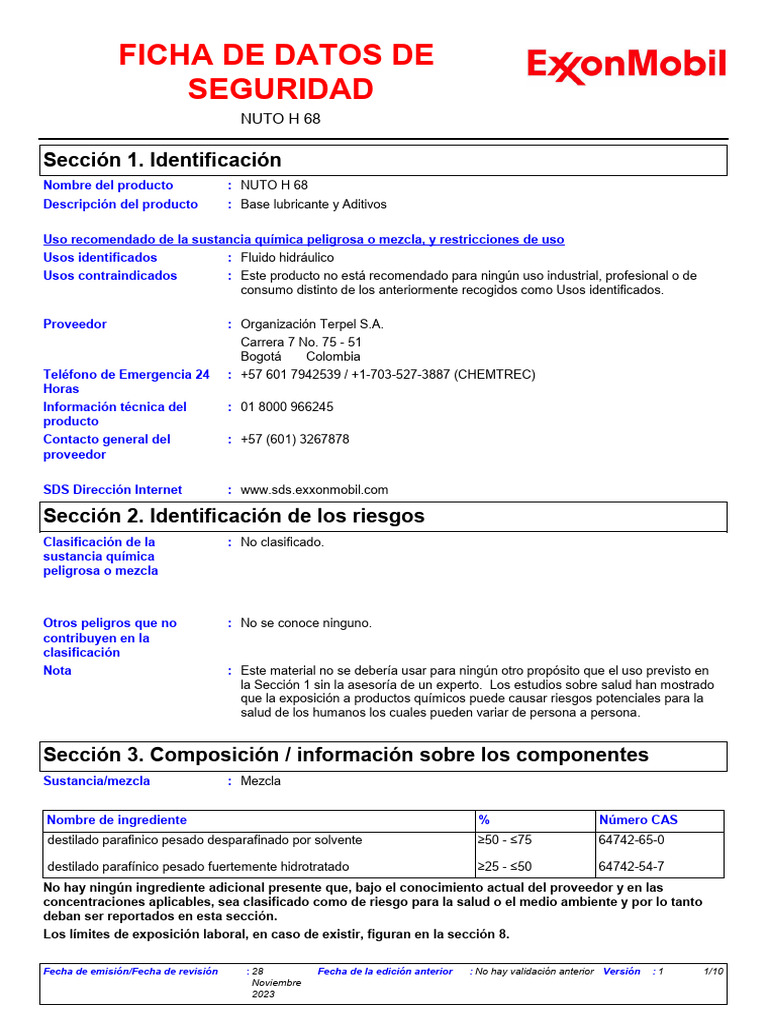 Ficha de Seguridad NUTO H 68 | PDF | Agua | Líquidos