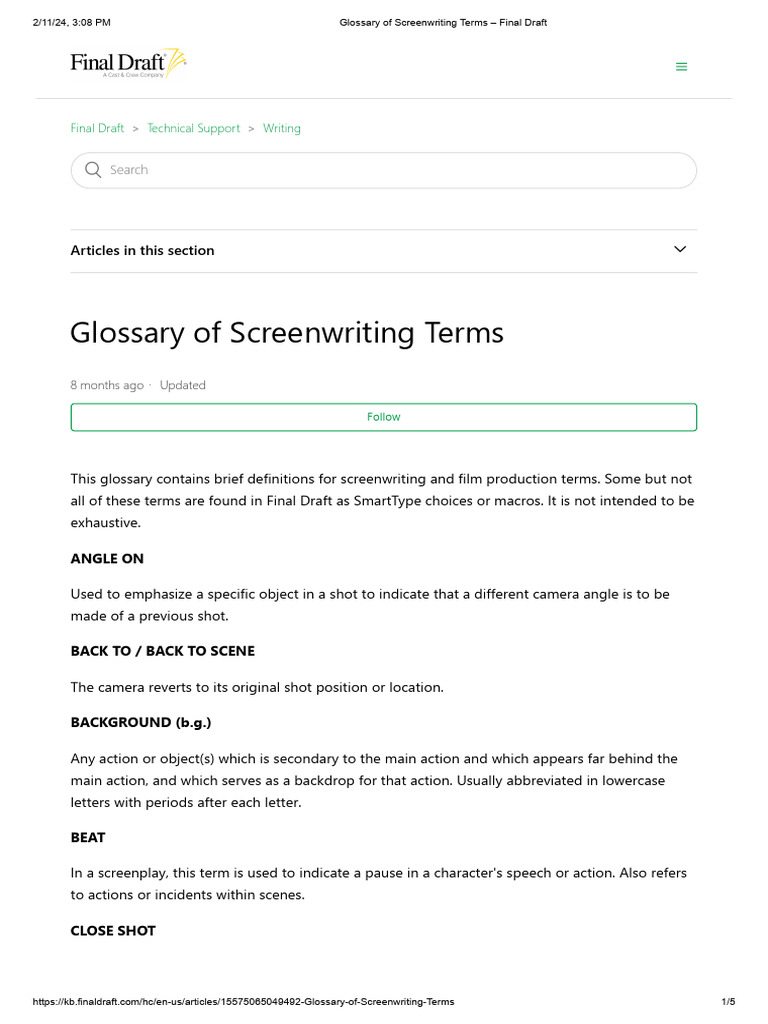 Glossary of Screenwriting Terms – Final Draft | PDF | Camera