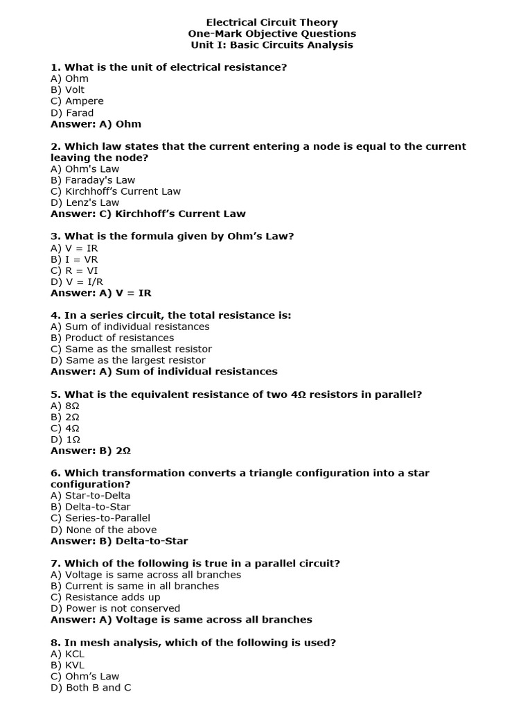 Unit1_ECT_MCQs_With_Answers | PDF | Series And Parallel Circuits | Electrical Network